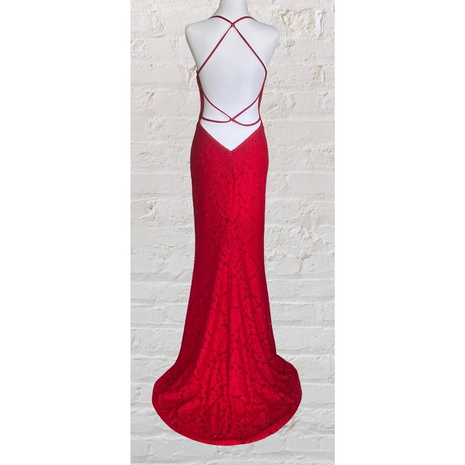 Le Femme Red Lace Long Open Back Tulip Train Prom Gown Event Dress Sz ...