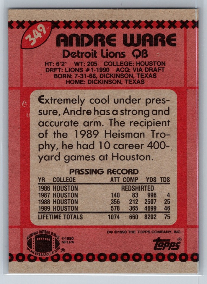 1990 Topps #349 Andre Ware Rookie Houston Cougars Heisman Winner | eBay