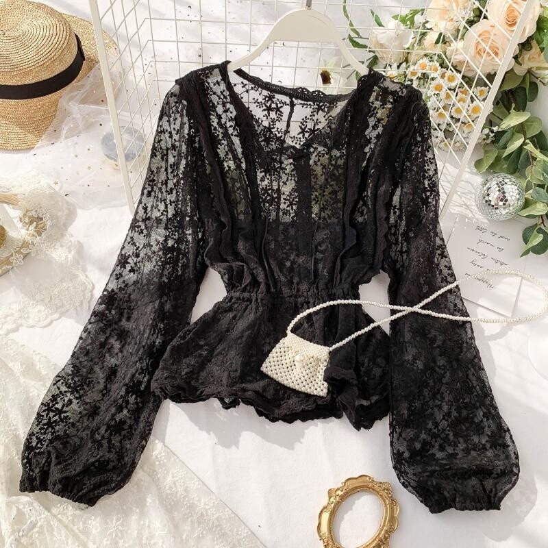 Mesh Women Ruffles Lace Shirts Sheer Peplum Tops Blouse Loose Puff ...
