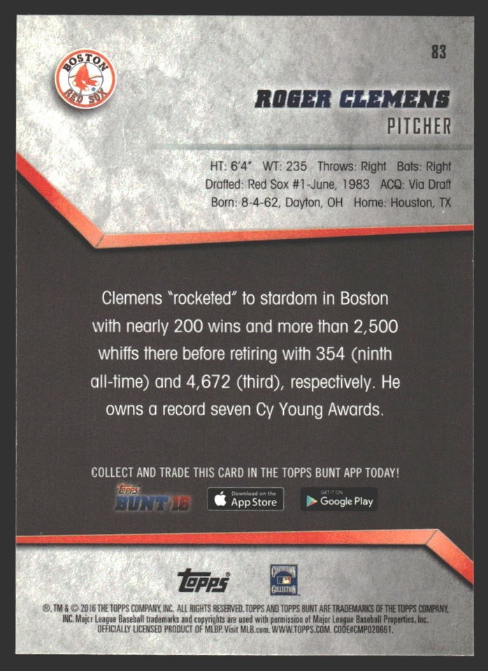 Roger Clemens #83 2016 Topps Bunt Boston Red Sox | eBay