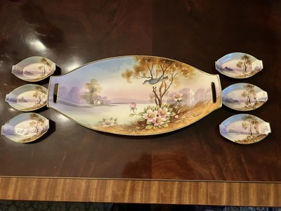 Vintage Rare Nippon CeleryDish w/ 6 Salters. Painted Countryside Scenes ...