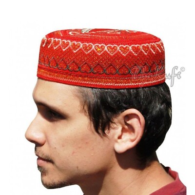 Red Embroidered Multi-color Hearts Design Rigid Islamic Pakistan Kufis ...