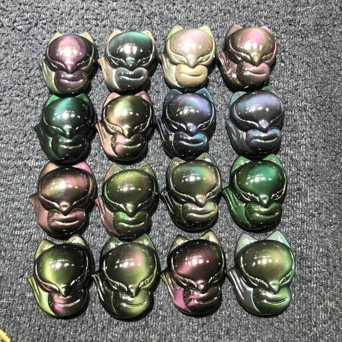 3Pcs Natural Rainbow Eye Obsidian Quartz Crystal Nine-Tailed Fox Deco ...