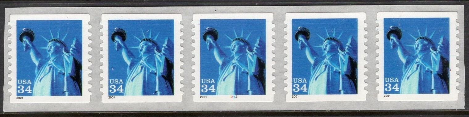 US 2001 STATUE of LIBERTY 3466 Plate Number Coil of 5 PNC 5 #1111 ...