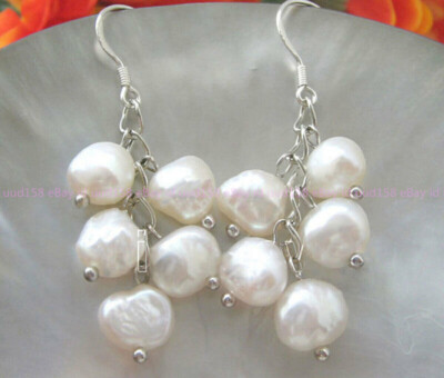 Fine 8-9mm White Baroque Freshwater Pearl Grape 925 Silver Hook Dangle ...