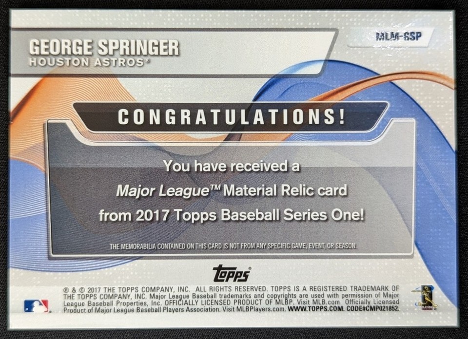 2017 Topps #MLM-GSP George Springer Major League Material Relics ...