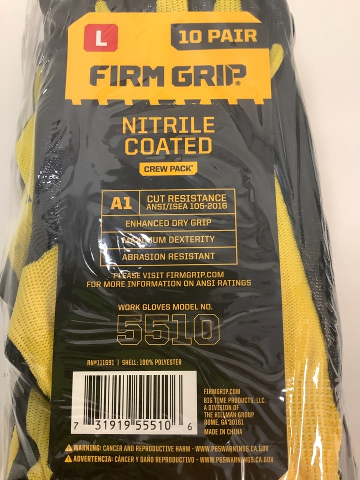 Firm Grip Nitrile Coated Gloves, Large, A1 Cut Resistance, Breathable ...