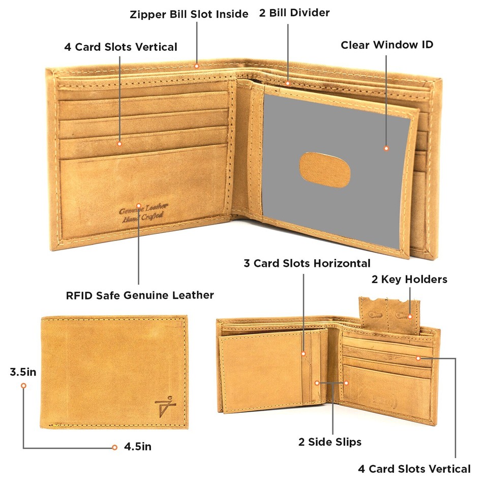 RFID Safe Leather Bi-fold Wallet for Men Center Flips Window ID Key ...