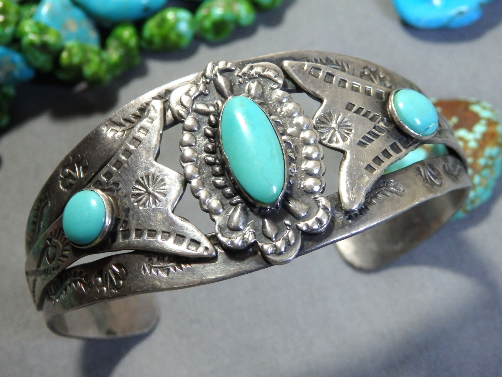Fred Harvey Era NAVAJO Blue Gem TURQUOISE Sterling Si… - Gem