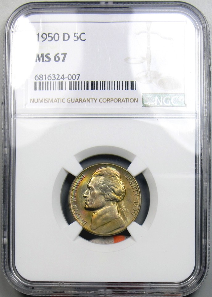 1950-D Jefferson Nickel NGC MS67 Rainbow Toning (6816324-007) Key Date ...