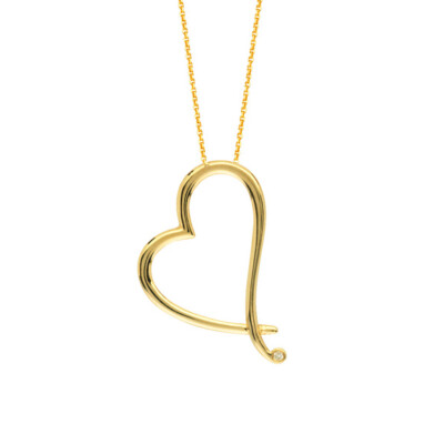 14K Solid Yellow Gold Diamond Open Slanted Heart Adjustable Necklace 16 ...