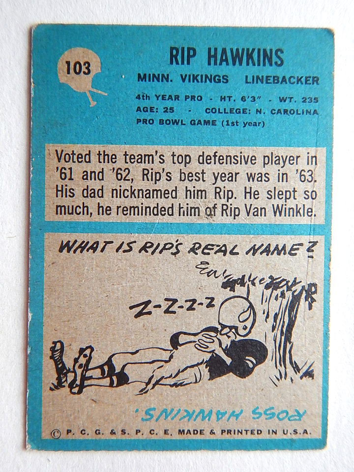 Rip Hawkins #103 Philadelphia 1964 Football Card (Minnesota Vikings) *A ...