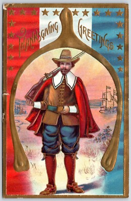 Postcard Thanksgiving Greetings Wishbone Pilgrim With Gun Rifle ...