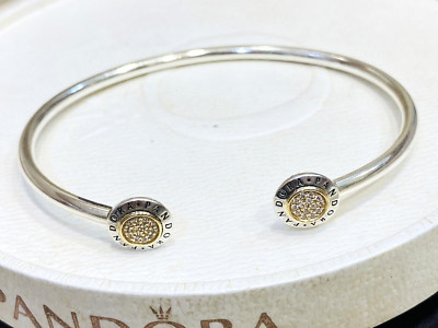 Authentic Pandora Silver Gold CZ Open Cuff Signature Logo Bangle Large ...