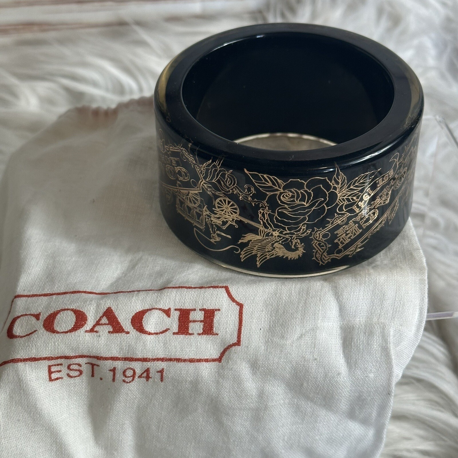 Coach Tattoo Black & Gold Acrylic BANGLE BRACELET Cuf… - Gem