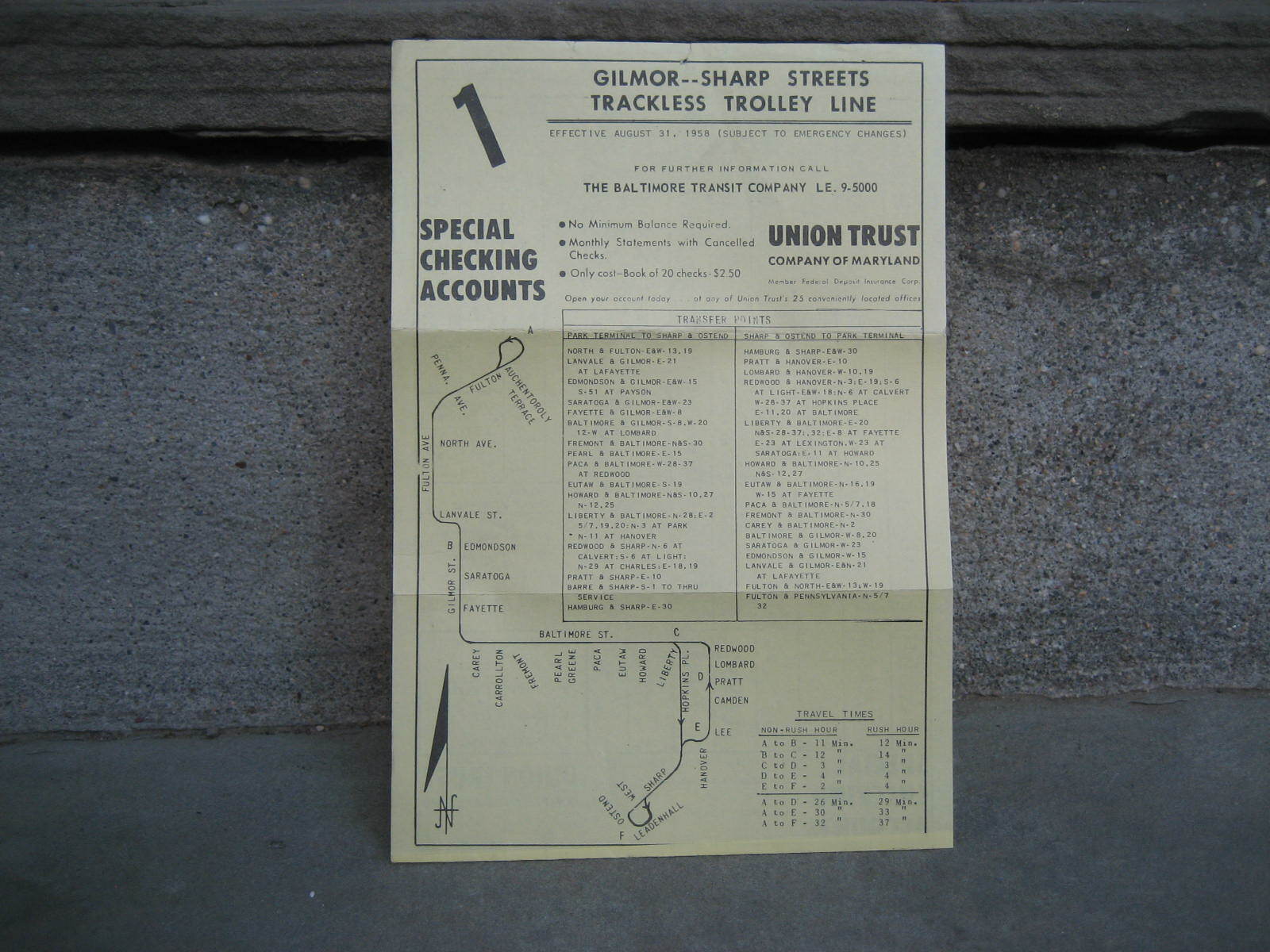 1957 & 1958 Gilmor Sharp Street Trackless Trolley Line Map and Time ...