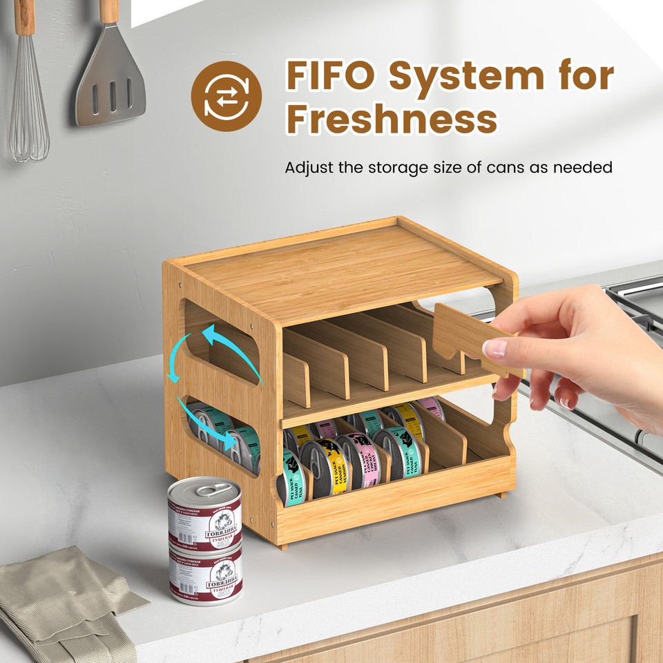Upgraded Bamboo Cat Food Can Organizer - FIFO Pantry Storage Rack ...