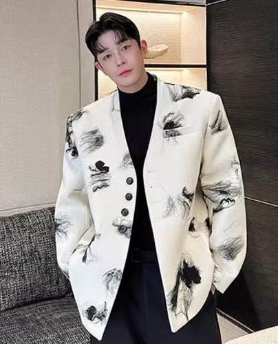 Men's Short Jacket Suit Long Sleeve Fashion Coat Chic Floral Print ...