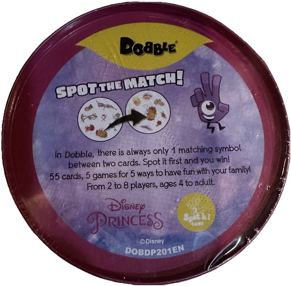 DISNEY PRINCESS DOBBLE SPOT IT ROUND CARD GAME TRAVEL BELLE JASMINE ...