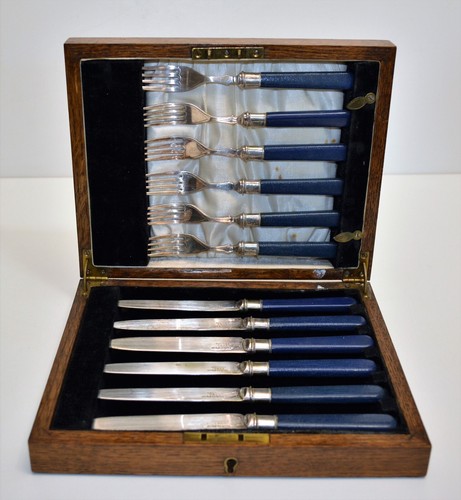 VTG Ellis Co (B) Ltd Sheffield England set 6 EPNS forks & knives in oak ...
