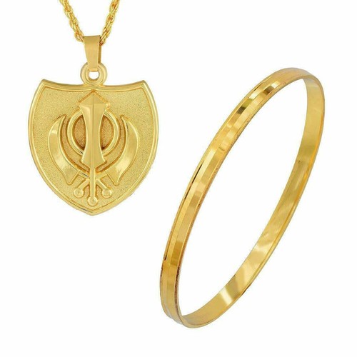 Panjabi Gold Plated Sikh Kada & Khanda Pendant With Chain Combo Set For ...