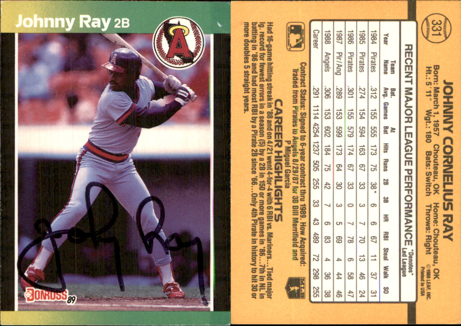Johnny Ray Signed 1989 Donruss #331 Card California Angels *Autograph ...