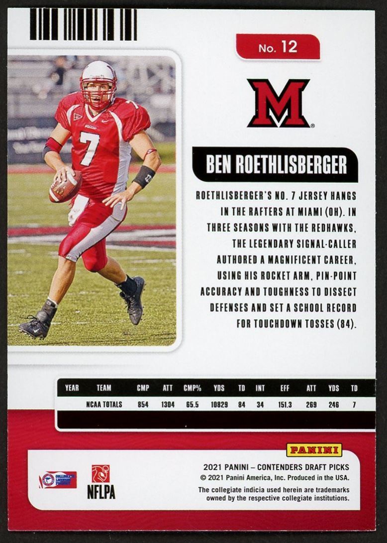 2021 Game Ticket Red Ben Roethlisberger Miami Ohio RedHawks #12 ...