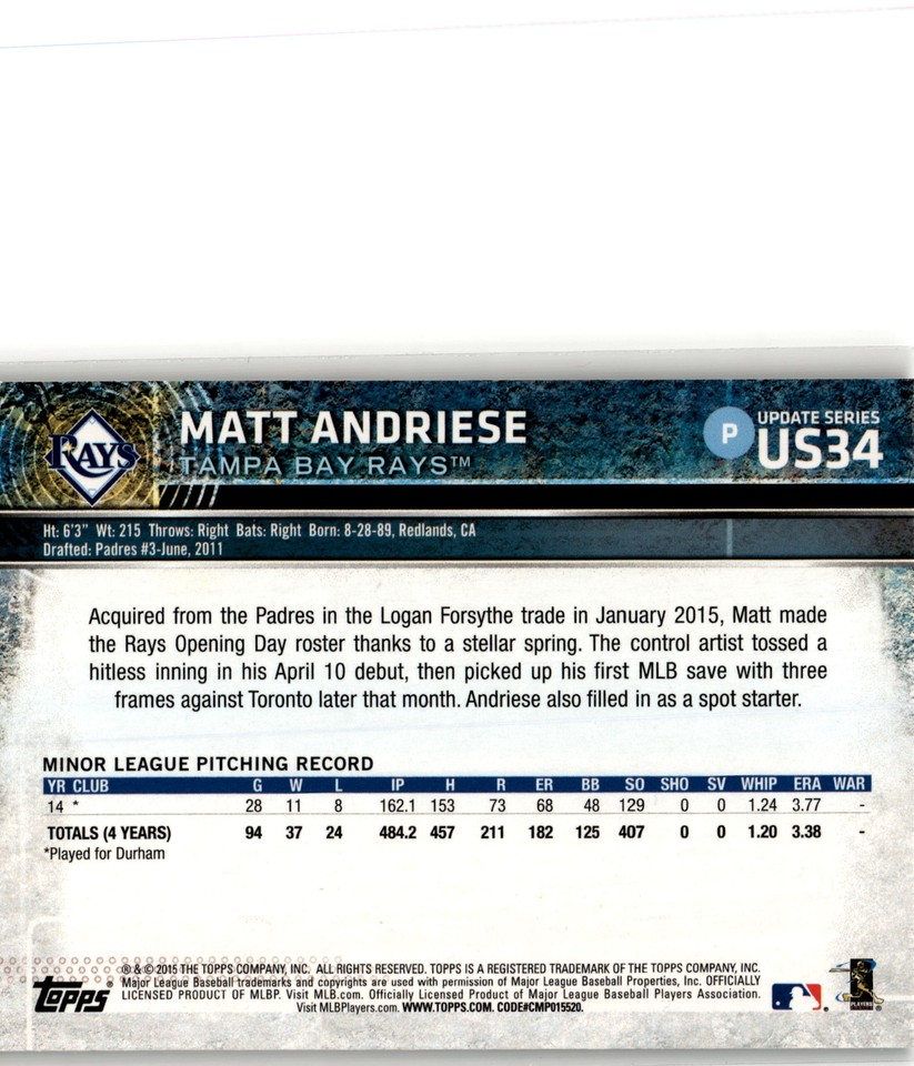 2015 Topps Update #US34 Matt Andriese | eBay