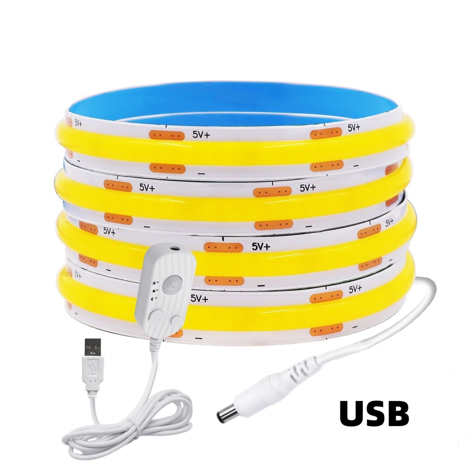 PIR Motion Sensor COB LED Strip Light 5V USB Battery Powered 320LED/m ...