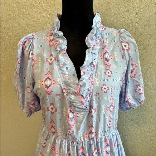 Simply Southern Aztec Print Dress Blue Prairie Ruffle V Neck Tiered ...