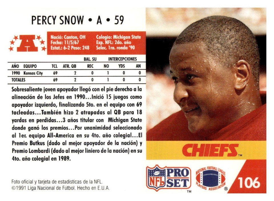PERCY SNOW 1991 Pro Set Spanish #106 Kansas City Chiefs | eBay