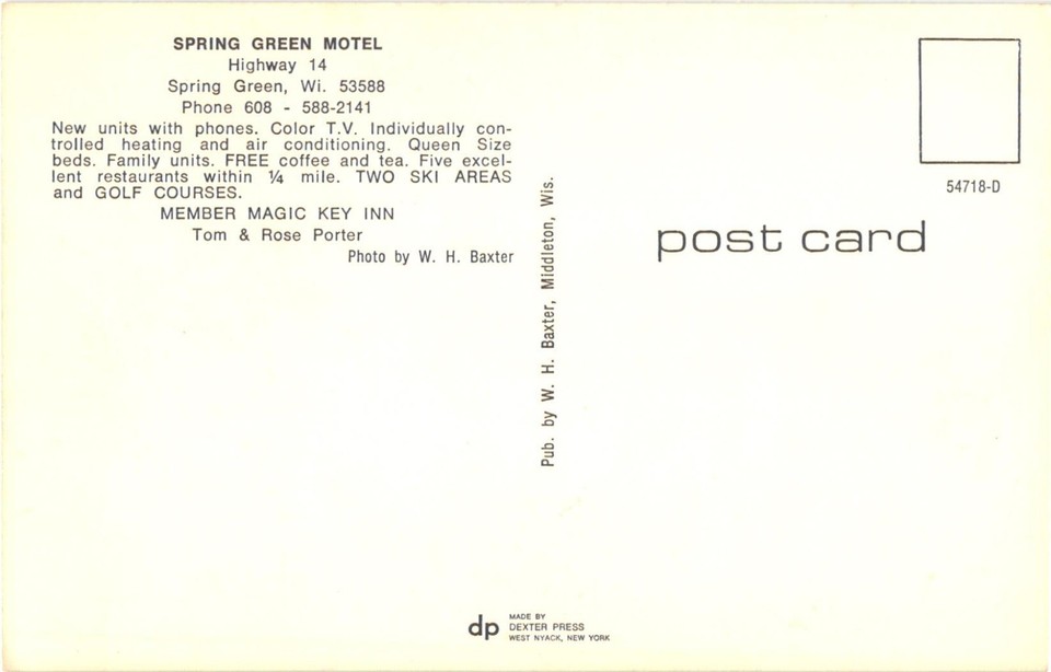 Spring Green Wisconsin Spring Green Motel Front View Vintage Postcard ...