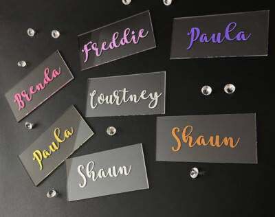 Personalised Acrylic PLACE NAMES, table name tags, wedding birthday ...