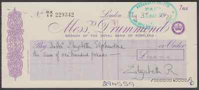 Queen Mother signed cheque May 1977 Elizabeth R on Messrs Drummond ...