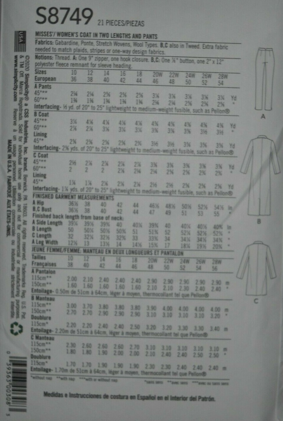 Mimi G Simplicity Sewing Pattern 8749 Women's Coat& Pants Size 20w-28w ...