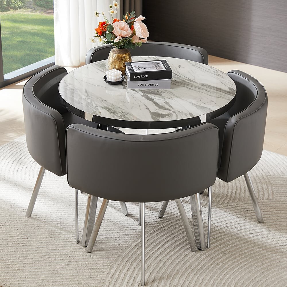 Round Dining Table for 4 with Chairs, Marble Table and Chairs Table ...
