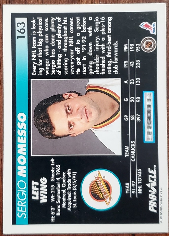 1992-93 PINNACLE SERGIO MOMESSO VANCOUVER CANUCKS CARD #163 NM/MT | eBay