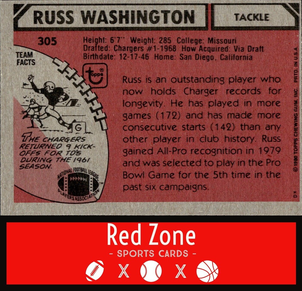 1980 Topps - #305 Russ Washington NM/NM+ Set Break! | eBay