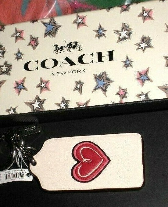 NEW Coach Leather Key Ring - Charm Heart Coach Gift Box. 58863B. SV/MC ...