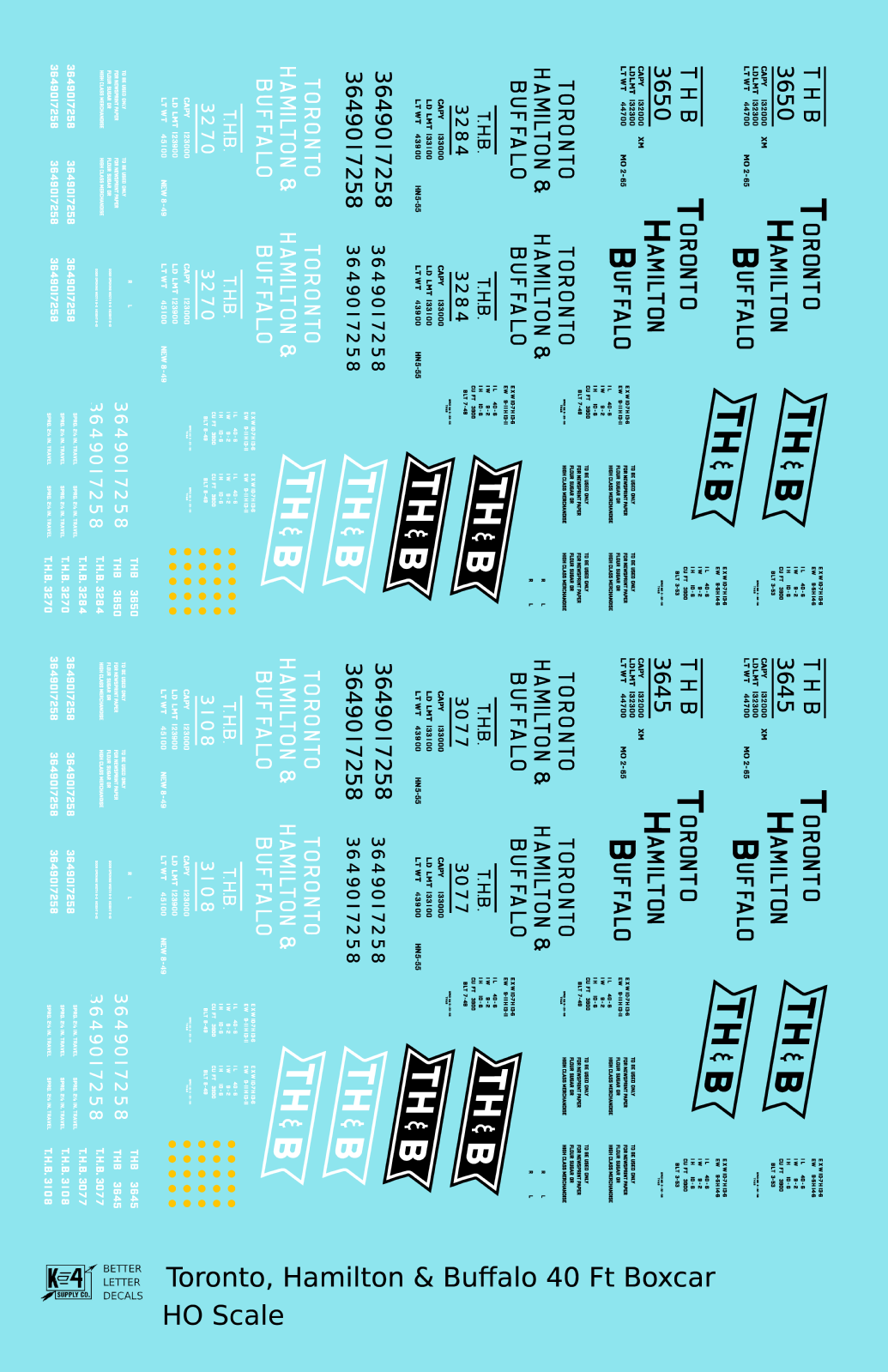 K4 HO Scale Decals Toronto, Hamilton and Buffalo 40 Ft Boxcar Black and ...