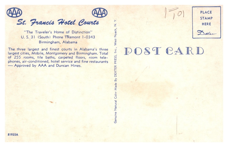 Birmingham, AL St. Francis Hotel Courts AAA BEV 1970s Cars -A74 | eBay