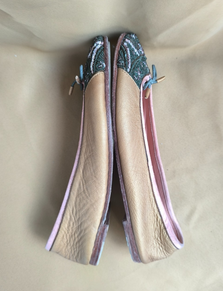 Meher Kakalia Gold Leather Bizi Ballet Flats Size 38 Beaded Embroidered ...