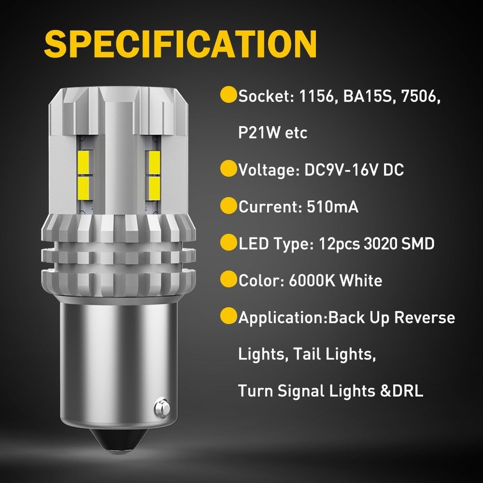 6pcs AUXITO 1156 LED Reverse Brake Turn Signal Parking Light Bulb White ...