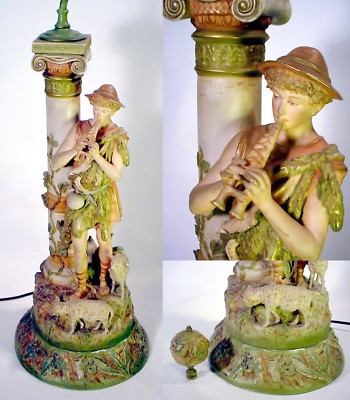 Antique ROYAL DUX Porcelain SHEPHERD Table LAMP Statue ART NOUVEAU ...