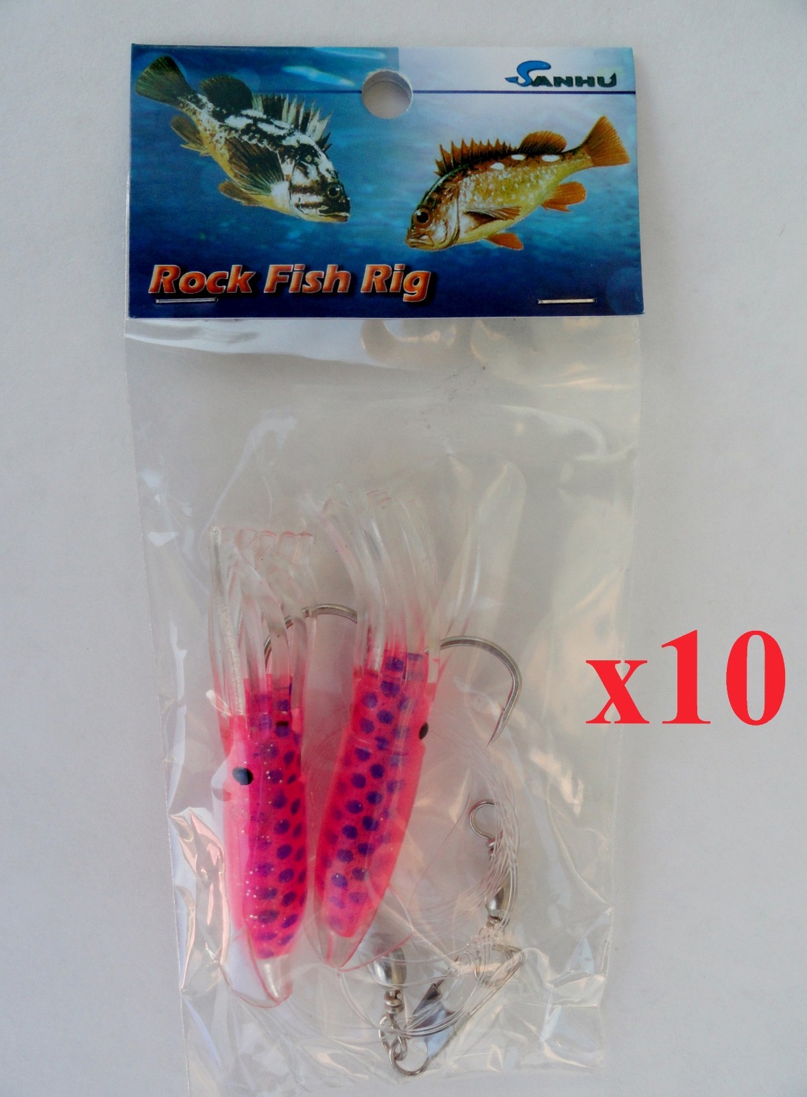 10 Packs 3" rock cod squid rigs pink two bulb rigged squid rockfish ...