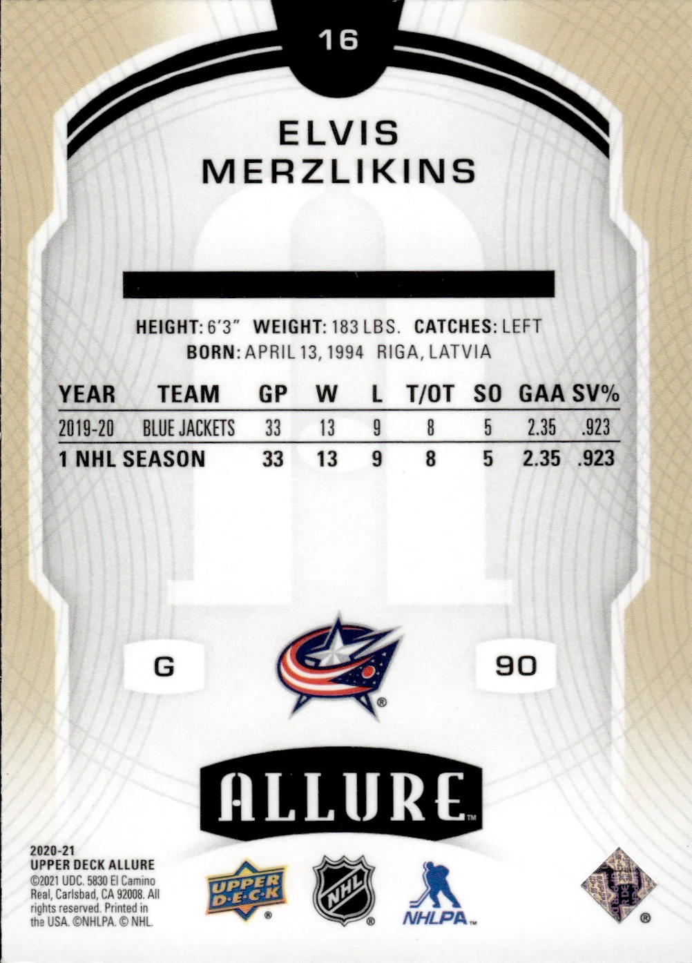 2020-21 Upper Deck Allure Hockey Base - #16 Elvis Merzlikins - Columbus ...