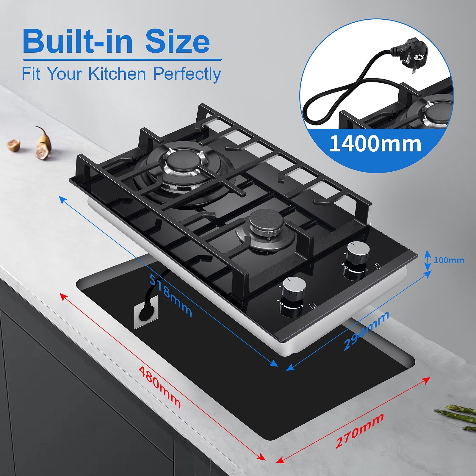 30cm Gas Cooktop Black Tempered Glass 2 Burners Built-in Hob NG/LPG ...