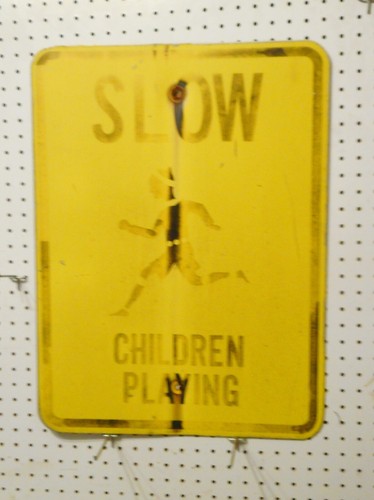 USED SLOW CHILDREN PLAYING SIGN BLACK ON YELLOW WINTER FIGURE AL 18x24 ...