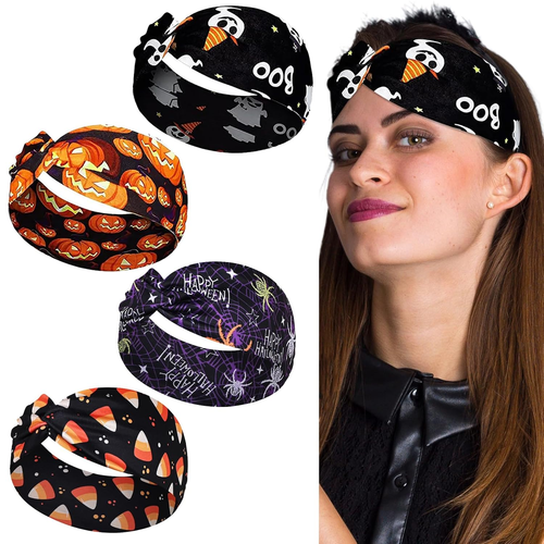4Pcs Halloween Headbands for Women, Pumpkin Wide Knot Holiday Hair Band ...