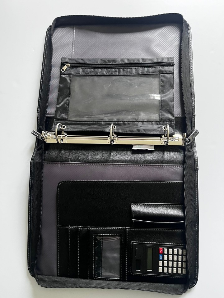 Samsonite Black Faux Leather 3 Ring Zip Binder with Calculator 11" x 13 ...